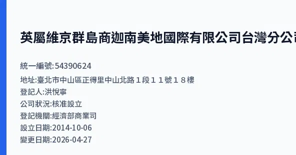 英屬維京群島商迦南美地國際有限公司台灣分公司的照片-統編 54390624(臺北市) 公司登記資料與營業項目詳細圖表