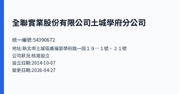 全聯實業股份有限公司土城學府分公司的照片-統編 54390672(新北市) 公司登記資料與營業項目詳細圖表