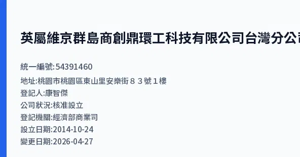 英屬維京群島商創鼎環工科技有限公司台灣分公司的照片-統編 54391460(桃園市) 公司登記資料與營業項目詳細圖表