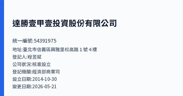 達勝壹甲壹投資股份有限公司的照片-統編 54391975(臺北市) 公司登記資料與營業項目詳細圖表