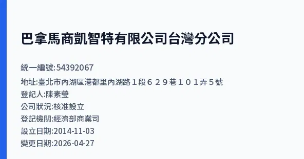 巴拿馬商凱智特有限公司台灣分公司的照片-統編 54392067(臺北市) 公司登記資料與營業項目詳細圖表