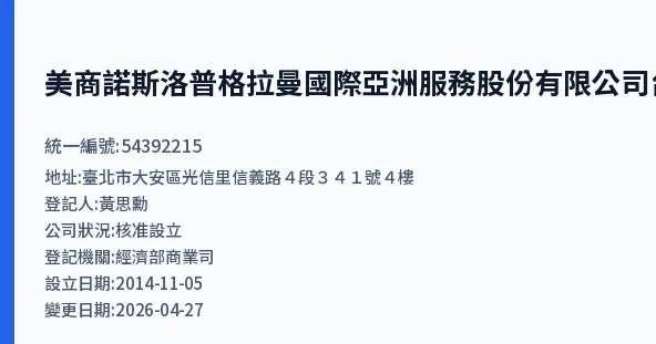 美商諾斯洛普格拉曼國際亞洲服務股份有限公司台灣分公司的照片-統編 54392215(臺北市) 公司登記資料與營業項目詳細圖表