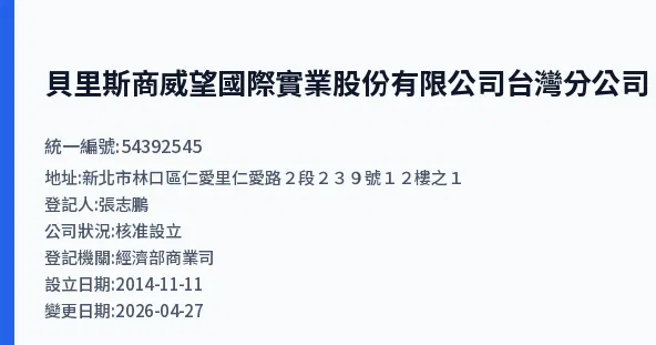 貝里斯商威望國際實業股份有限公司台灣分公司的照片-統編 54392545(新北市) 公司登記資料與營業項目詳細圖表