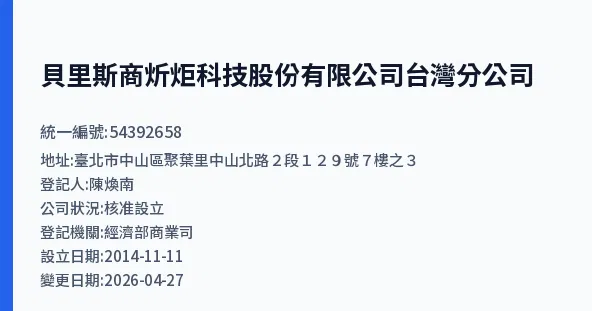 貝里斯商炘炬科技股份有限公司台灣分公司的照片-統編 54392658(臺北市) 公司登記資料與營業項目詳細圖表