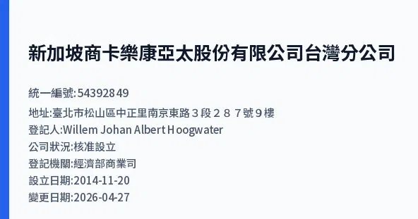 新加坡商卡樂康亞太股份有限公司台灣分公司的照片-統編 54392849(臺北市) 公司登記資料與營業項目詳細圖表
