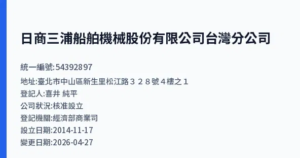 日商三浦船舶機械股份有限公司台灣分公司的照片-統編 54392897(臺北市) 公司登記資料與營業項目詳細圖表