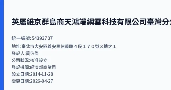 英屬維京群島商天鴻端網雲科技有限公司臺灣分公司的照片-統編 54393707(臺北市) 公司登記資料與營業項目詳細圖表