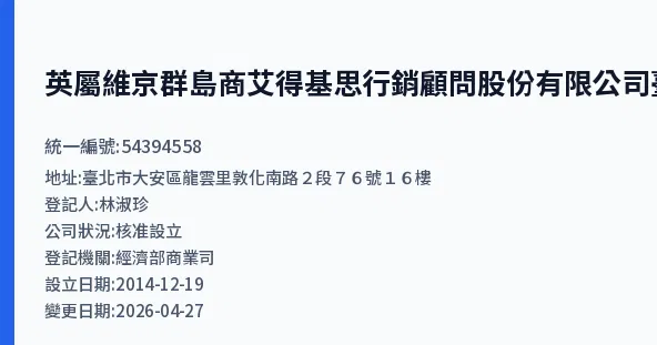 英屬維京群島商艾得基思行銷顧問股份有限公司臺灣分公司的照片-統編 54394558(臺北市) 公司登記資料與營業項目詳細圖表