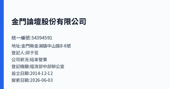 金門論壇股份有限公司的照片-統編 54394591(金門縣) 公司登記資料與營業項目詳細圖表