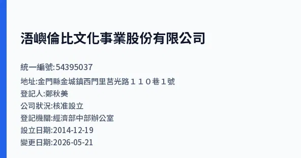浯嶼倫比文化事業股份有限公司的照片-統編 54395037(金門縣) 公司登記資料與營業項目詳細圖表