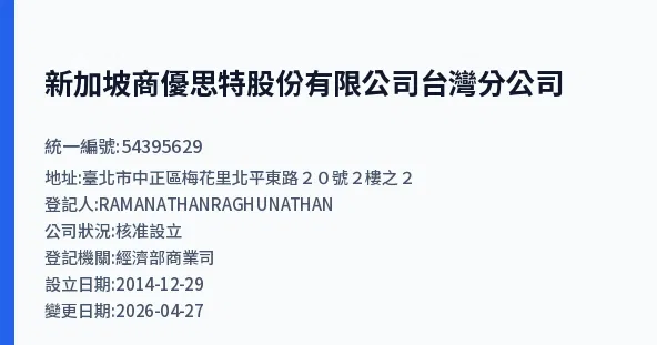 新加坡商優思特股份有限公司台灣分公司的照片-統編 54395629(臺北市) 公司登記資料與營業項目詳細圖表