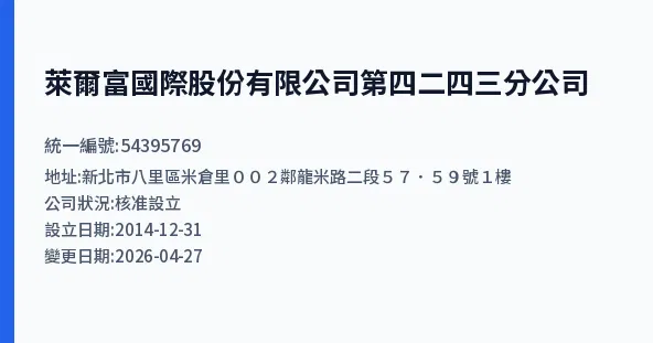 萊爾富國際股份有限公司第四二四三分公司的照片-統編 54395769(新北市) 公司登記資料與營業項目詳細圖表