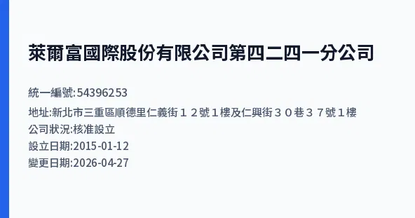 萊爾富國際股份有限公司第四二四一分公司的照片-統編 54396253(新北市) 公司登記資料與營業項目詳細圖表
