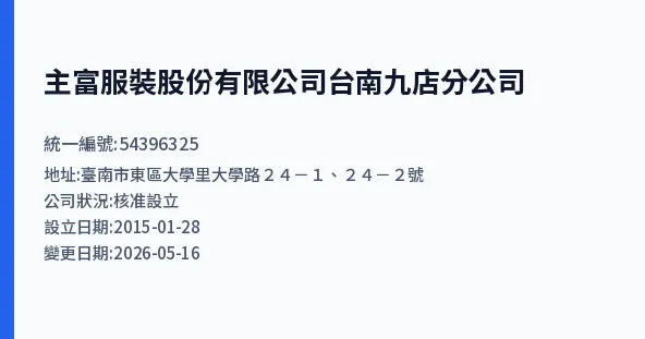 主富服裝股份有限公司台南九店分公司的照片-統編 54396325(臺南市) 公司登記資料與營業項目詳細圖表