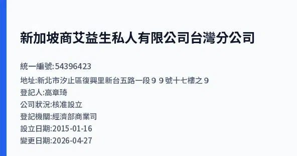 新加坡商艾益生私人有限公司台灣分公司的照片-統編 54396423(新北市) 公司登記資料與營業項目詳細圖表