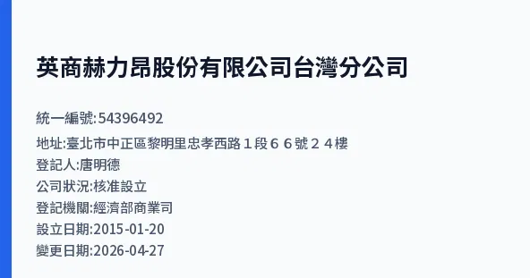 英商赫力昂股份有限公司台灣分公司的照片-統編 54396492(臺北市) 公司登記資料與營業項目詳細圖表