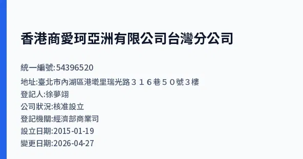 香港商愛珂亞洲有限公司台灣分公司的照片-統編 54396520(臺北市) 公司登記資料與營業項目詳細圖表