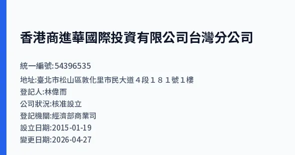 香港商進華國際投資有限公司台灣分公司的照片-統編 54396535(臺北市) 公司登記資料與營業項目詳細圖表