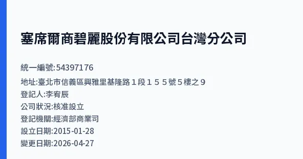 塞席爾商碧麗股份有限公司台灣分公司的照片-統編 54397176(臺北市) 公司登記資料與營業項目詳細圖表