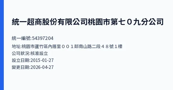 統一超商股份有限公司桃園市第七0九分公司的照片-統編 54397204(桃園市) 公司登記資料與營業項目詳細圖表