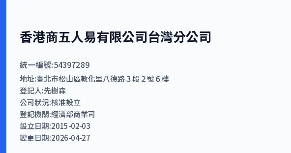 香港商五人易有限公司台灣分公司的照片-統編 54397289(臺北市) 公司登記資料與營業項目詳細圖表