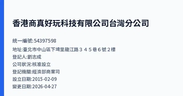 香港商真好玩科技有限公司台灣分公司的照片-統編 54397598(臺北市) 公司登記資料與營業項目詳細圖表
