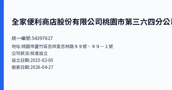 全家便利商店股份有限公司桃園市第三六四分公司的照片-統編 54397627(桃園市) 公司登記資料與營業項目詳細圖表