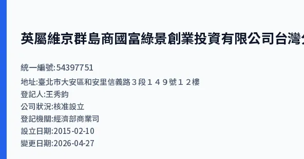 英屬維京群島商國富綠景創業投資有限公司台灣分公司的照片-統編 54397751(臺北市) 公司登記資料與營業項目詳細圖表