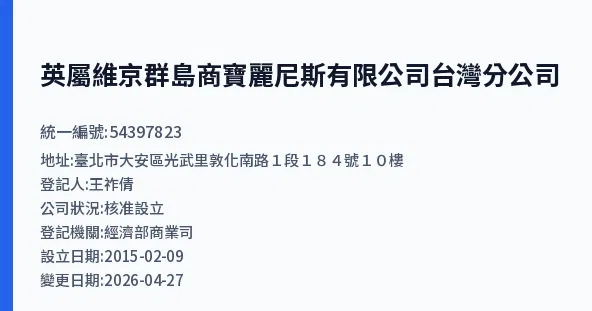 英屬維京群島商寶麗尼斯有限公司台灣分公司的照片-統編 54397823(臺北市) 公司登記資料與營業項目詳細圖表