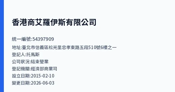 香港商艾羅伊斯有限公司的照片-統編 54397909(臺北市) 公司登記資料與營業項目詳細圖表