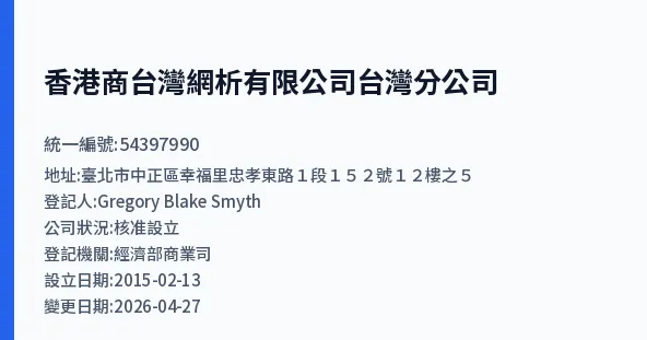 香港商台灣網析有限公司台灣分公司的照片-統編 54397990(臺北市) 公司登記資料與營業項目詳細圖表