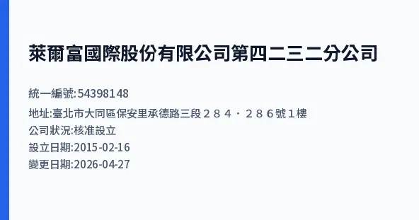 萊爾富國際股份有限公司第四二三二分公司的照片-統編 54398148(臺北市) 公司登記資料與營業項目詳細圖表