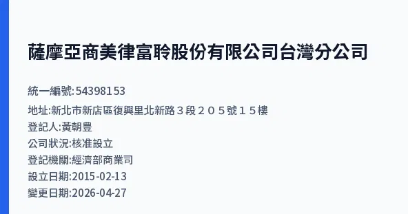 薩摩亞商美律富聆股份有限公司台灣分公司的照片-統編 54398153(新北市) 公司登記資料與營業項目詳細圖表