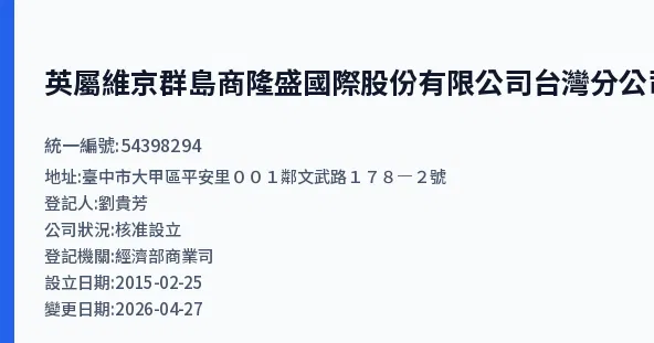 英屬維京群島商隆盛國際股份有限公司台灣分公司的照片-統編 54398294(臺中市) 公司登記資料與營業項目詳細圖表