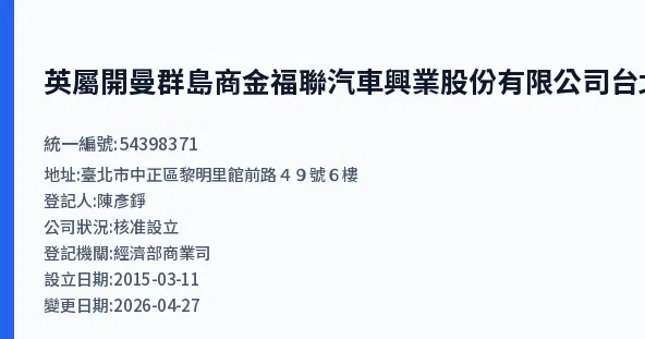 英屬開曼群島商金福聯汽車興業股份有限公司台北分公司的照片-統編 54398371(臺北市) 公司登記資料與營業項目詳細圖表