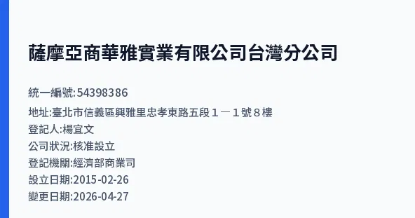 薩摩亞商華雅實業有限公司台灣分公司的照片-統編 54398386(臺北市) 公司登記資料與營業項目詳細圖表