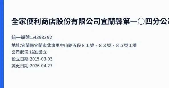 全家便利商店股份有限公司宜蘭縣第一○四分公司的照片-統編 54398392(宜蘭縣) 公司登記資料與營業項目詳細圖表