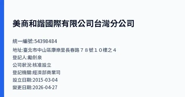 美商和諧國際有限公司台灣分公司的照片-統編 54398484(臺北市) 公司登記資料與營業項目詳細圖表
