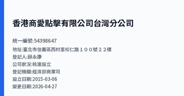 香港商愛點擊有限公司台灣分公司的照片-統編 54398647(臺北市) 公司登記資料與營業項目詳細圖表