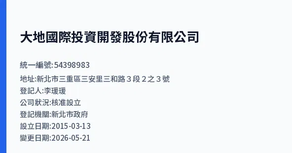 大地國際投資開發股份有限公司的照片-統編 54398983(新北市) 公司登記資料與營業項目詳細圖表