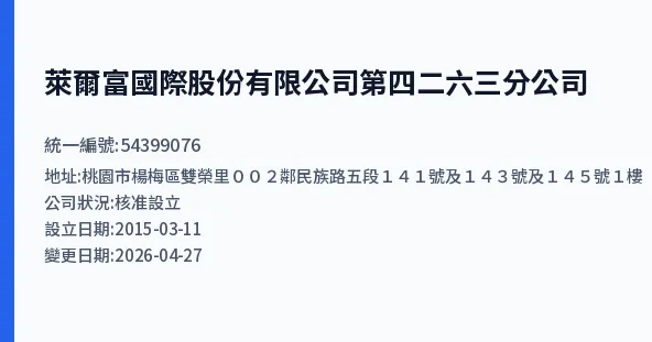 萊爾富國際股份有限公司第四二六三分公司的照片-統編 54399076(桃園市) 公司登記資料與營業項目詳細圖表