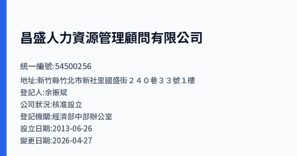 昌盛人力資源管理顧問有限公司的照片-統編 54500256(新竹縣) 公司登記資料與營業項目詳細圖表