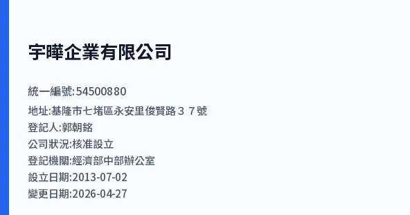宇曄企業有限公司的照片-統編 54500880(基隆市) 公司登記資料與營業項目詳細圖表