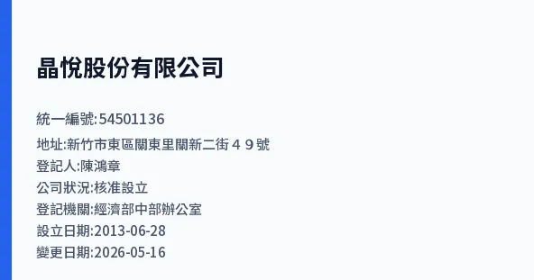 晶悅股份有限公司的照片-統編 54501136(新竹市) 公司登記資料與營業項目詳細圖表