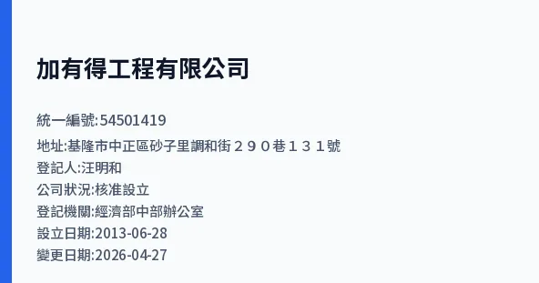 加有得工程有限公司的照片-統編 54501419(基隆市) 公司登記資料與營業項目詳細圖表