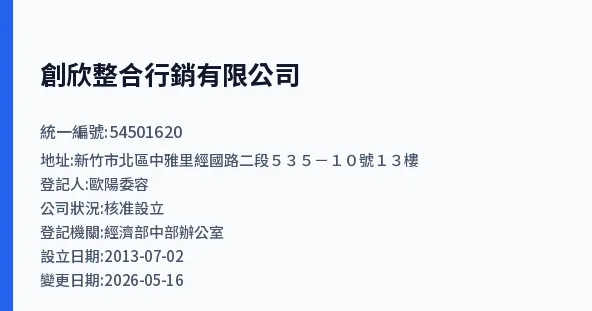 創欣整合行銷有限公司的照片-統編 54501620(新竹市) 公司登記資料與營業項目詳細圖表