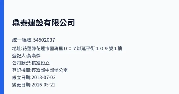 鼎泰建設有限公司的照片-統編 54502037(花蓮縣) 公司登記資料與營業項目詳細圖表