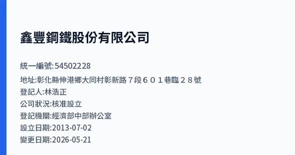 鑫豐鋼鐵股份有限公司的照片-統編 54502228(彰化縣) 公司登記資料與營業項目詳細圖表