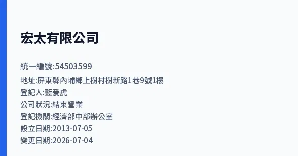 宏太有限公司的照片-統編 54503599(屏東縣) 公司登記資料與營業項目詳細圖表