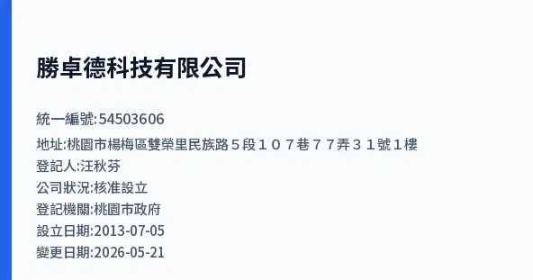 勝卓德科技有限公司的照片-統編 54503606(桃園市) 公司登記資料與營業項目詳細圖表